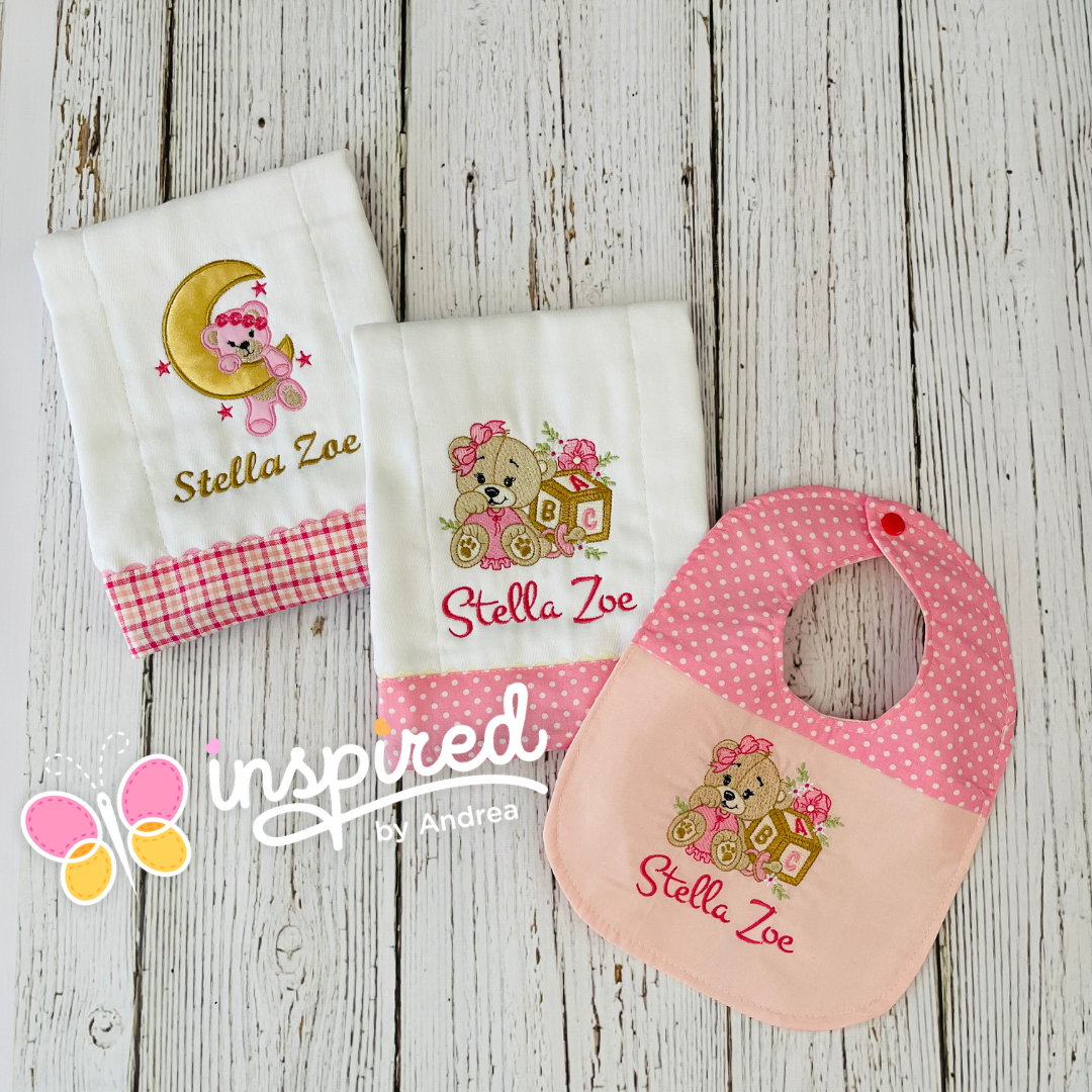Baby Bear Themed Two Burp Cloths and Bib – Inspired by Andrea